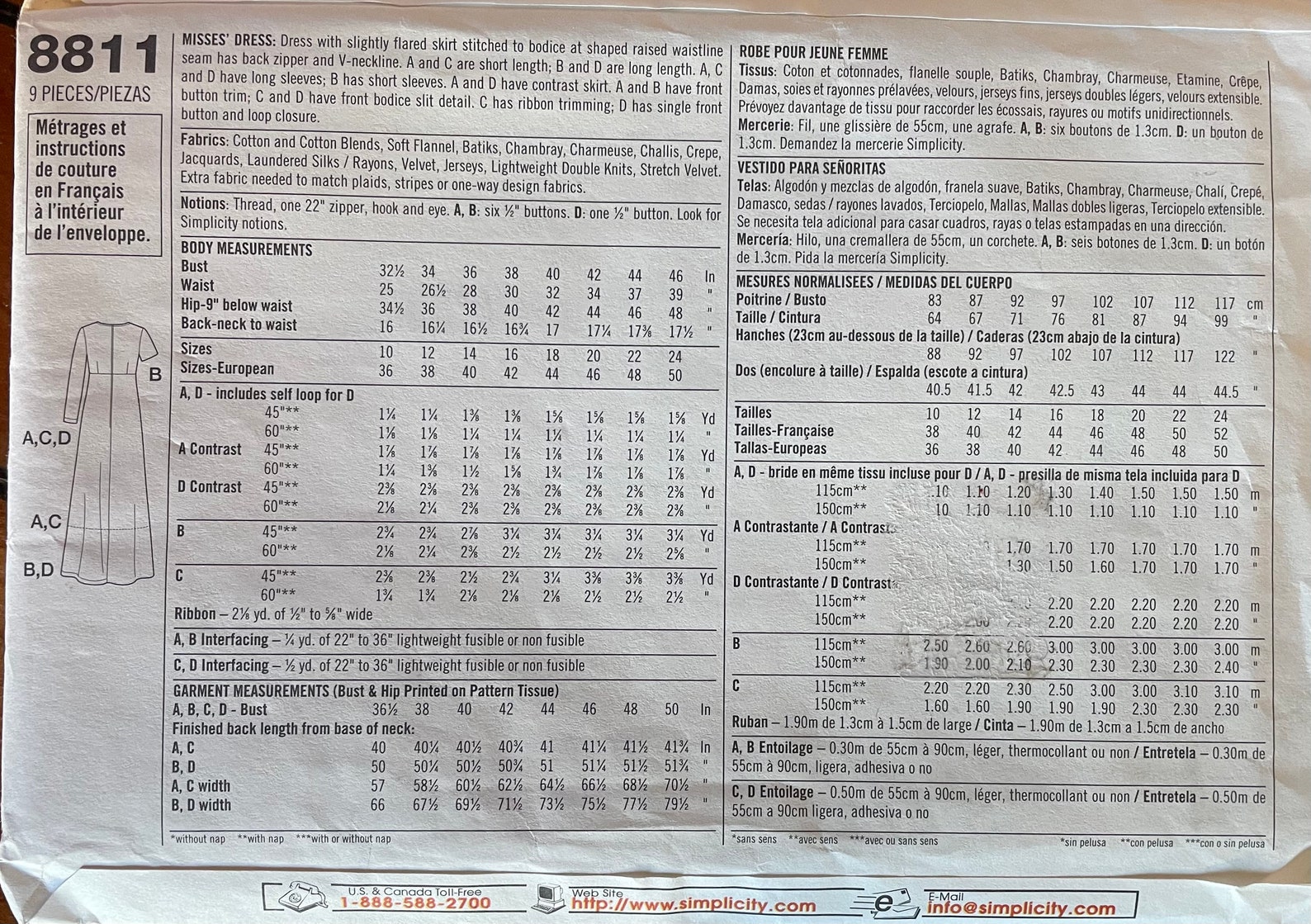 Simplicity 8811 Misses' Dress Sewing Pattern, UNCUT, Size 18-20-22-24 ...