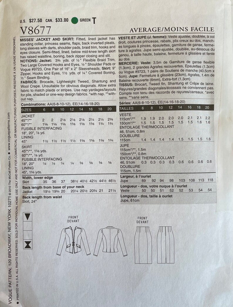 Vogue Patterns V8677 Misses' Jacket and Skirt Sewing Pattern, UNCUT ...