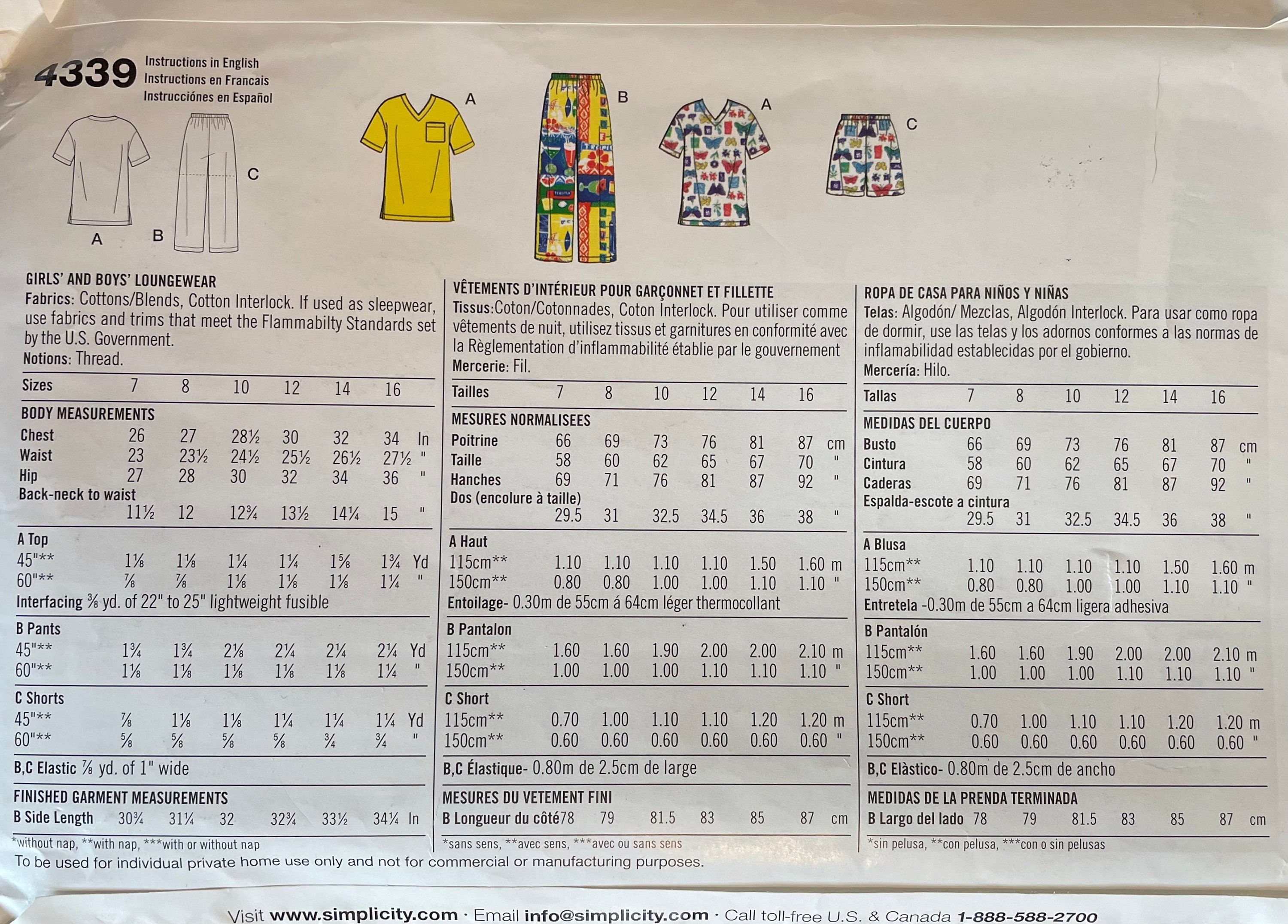 Simplicity 4339 Girls' and Boys' Loungewear Sewing Pattern, UNCUT, Size ...