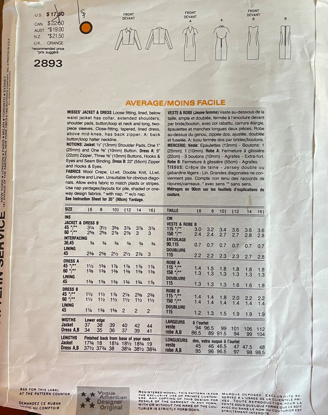 Vogue 2893 Misses' Jacket and Dress Sewing Pattern, UNCUT, Size 6-8-10m ...