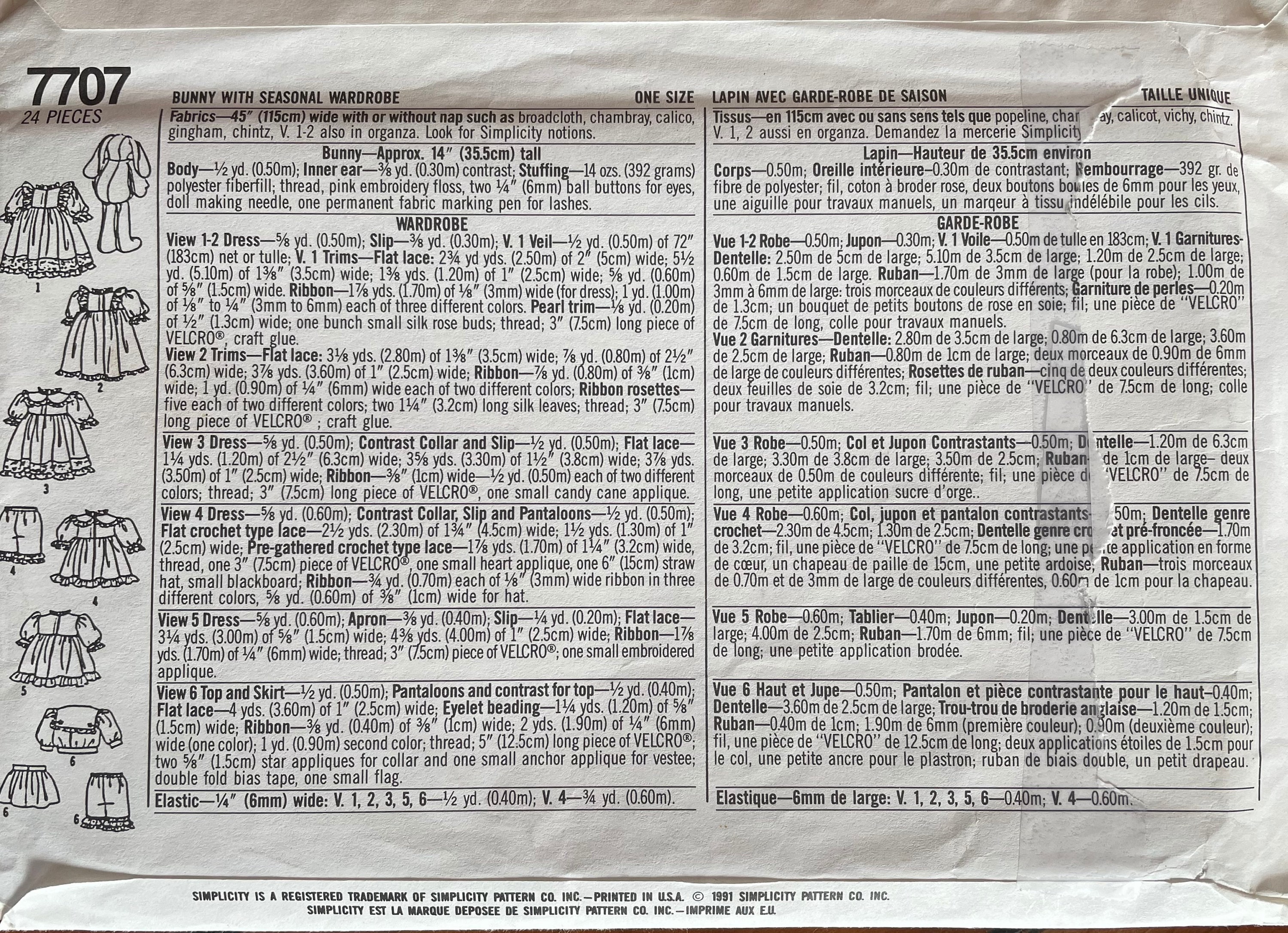 Simplicity Crafts 7707 Bunny With Seasonal Wardrobe Sewing Pattern ...