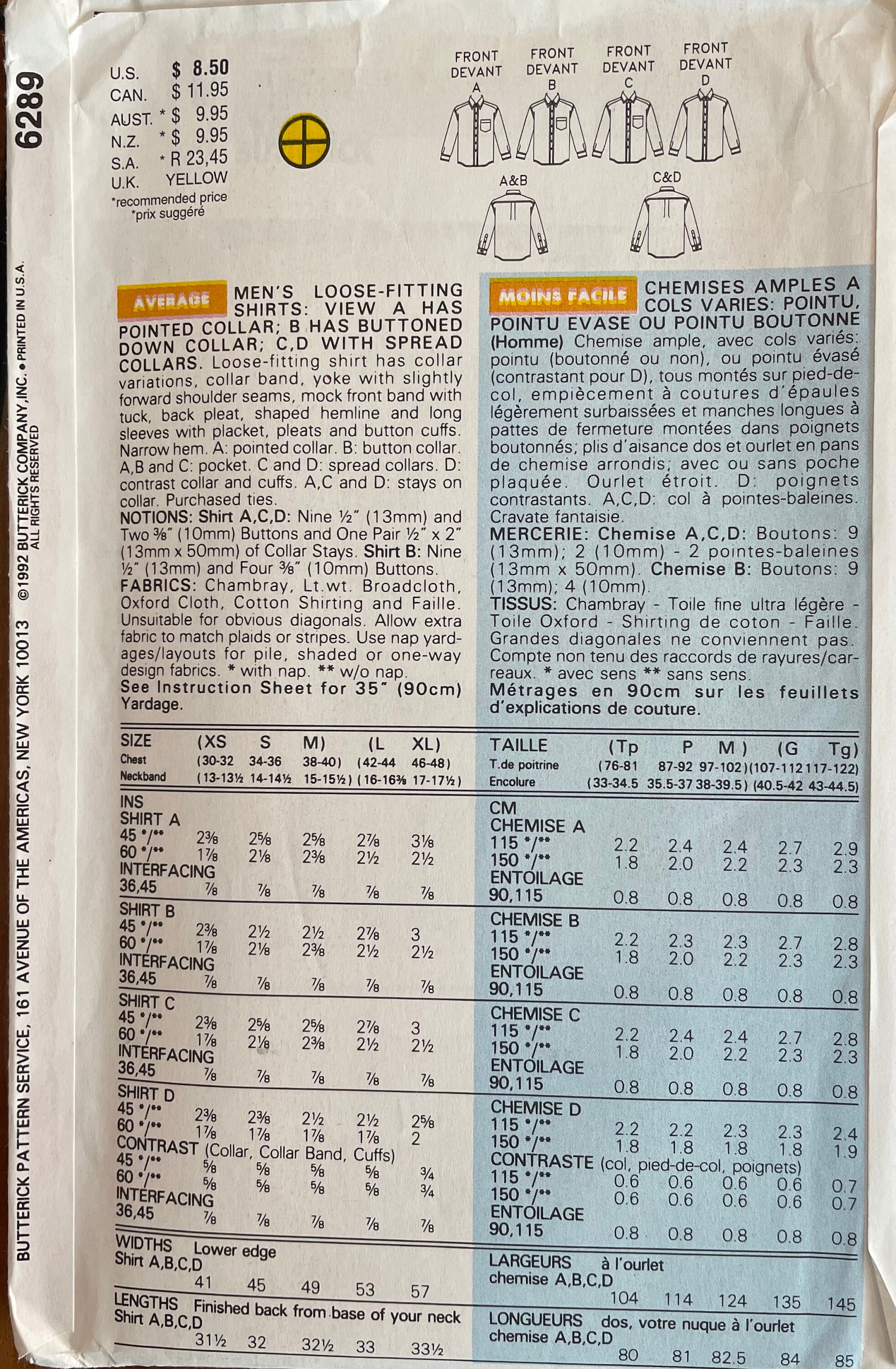 Butterick 6289 Men's Loose-fitting Shirts Sewing Pattern, UNCUT, Size ...