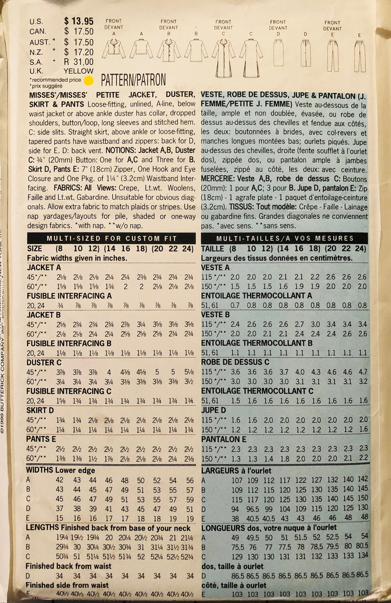 Butterick 6268, Size 20-22-24, Misses'/misses' Petite Jacket, Duster ...