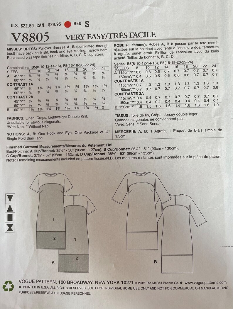 Very Easy Vogue V8805 Misses' Dresses Sewing Pattern, UNCUT, Size 16-18 ...