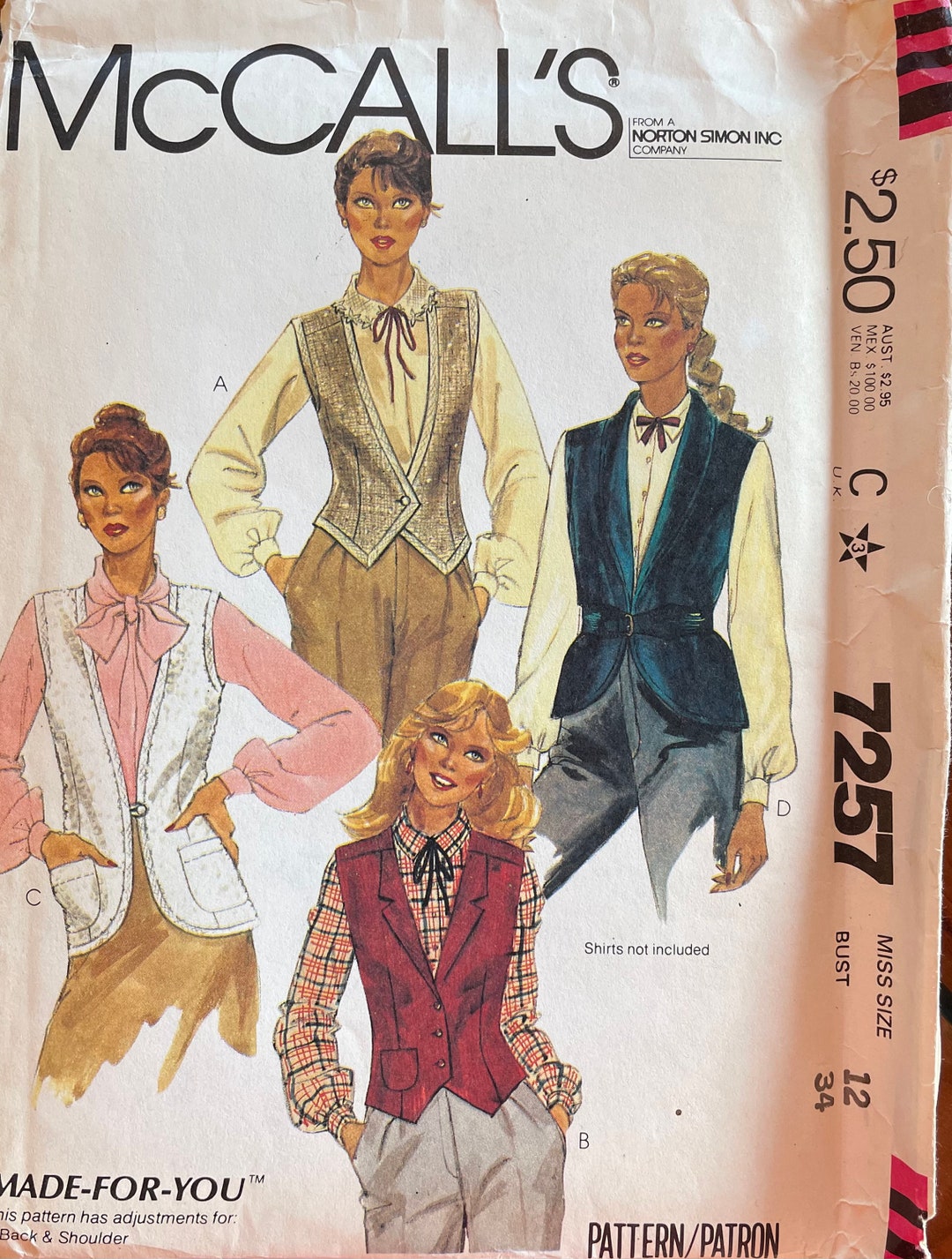 Mccall's 7257 Misses' Vests Sewing Pattern, UNCUT, Size 12, Buttoned ...