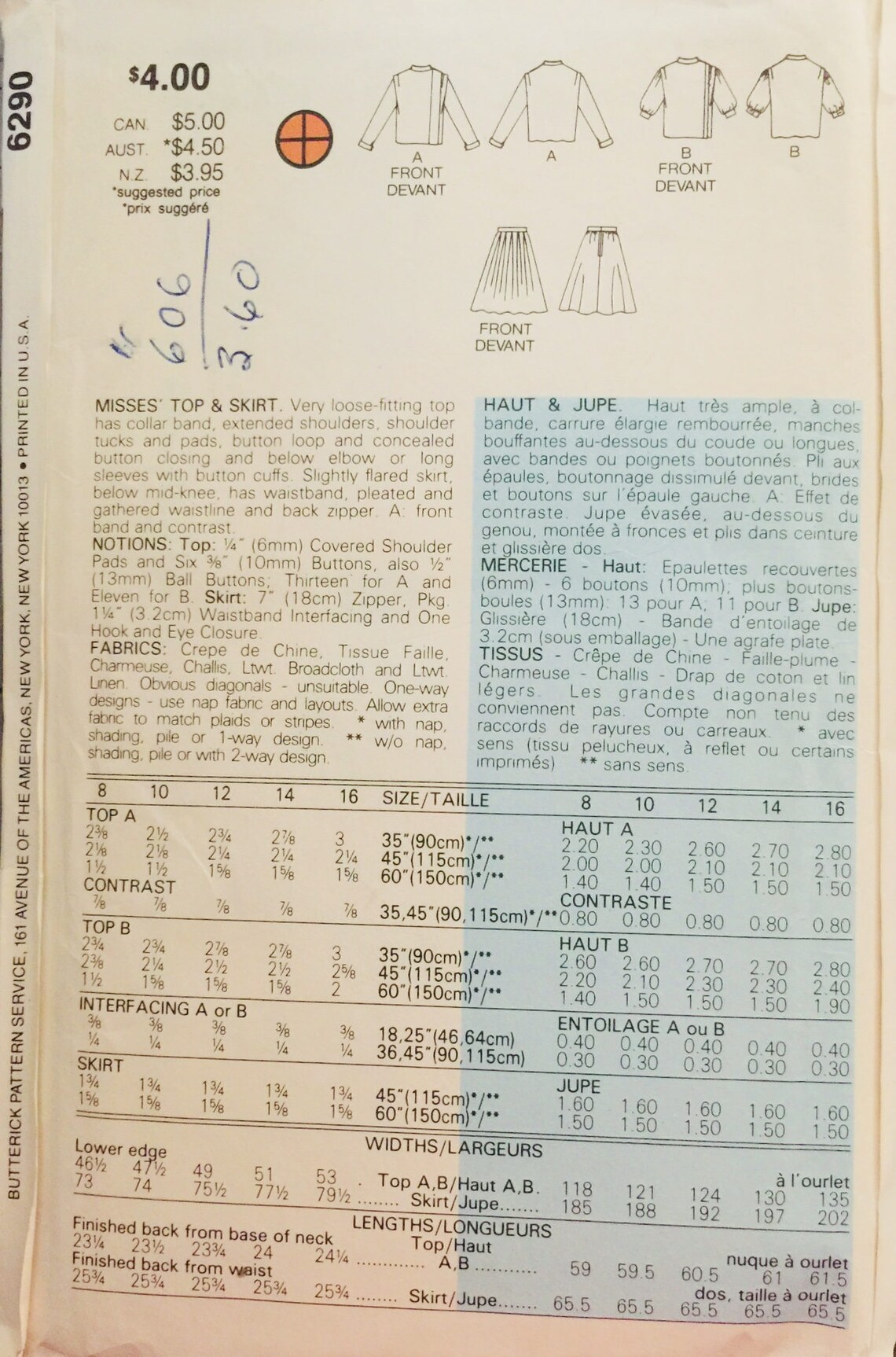 Butterick 6290, Size 12, Misses' Top and Skirt Pattern, UNCUT, Very ...