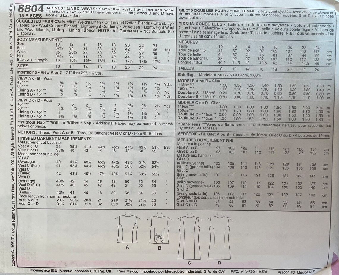 Mccall's 8804 Misses' Lined Vest Sewing Pattern, UNCUT, Size 10, Vintage Pattern, Retro, Classic ...