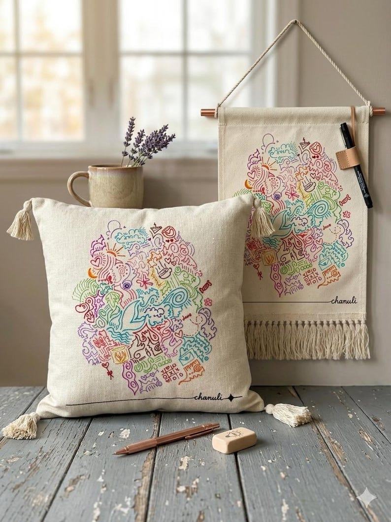 Hand-drawn Doodle Art Pillow | Whimsical Boho Wall Hanging (digital ...