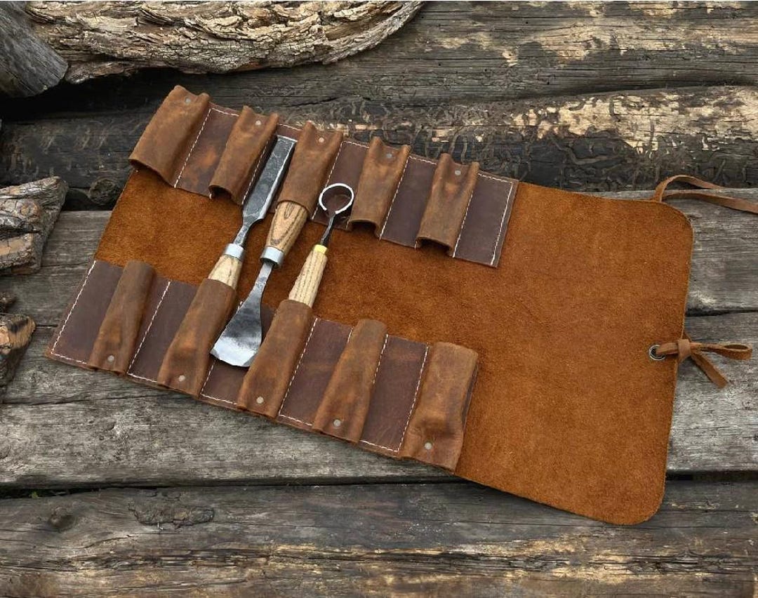 Handmade Crazy Horse Leather Tool Roll - 10 Pocket Woodworking Chisel ...