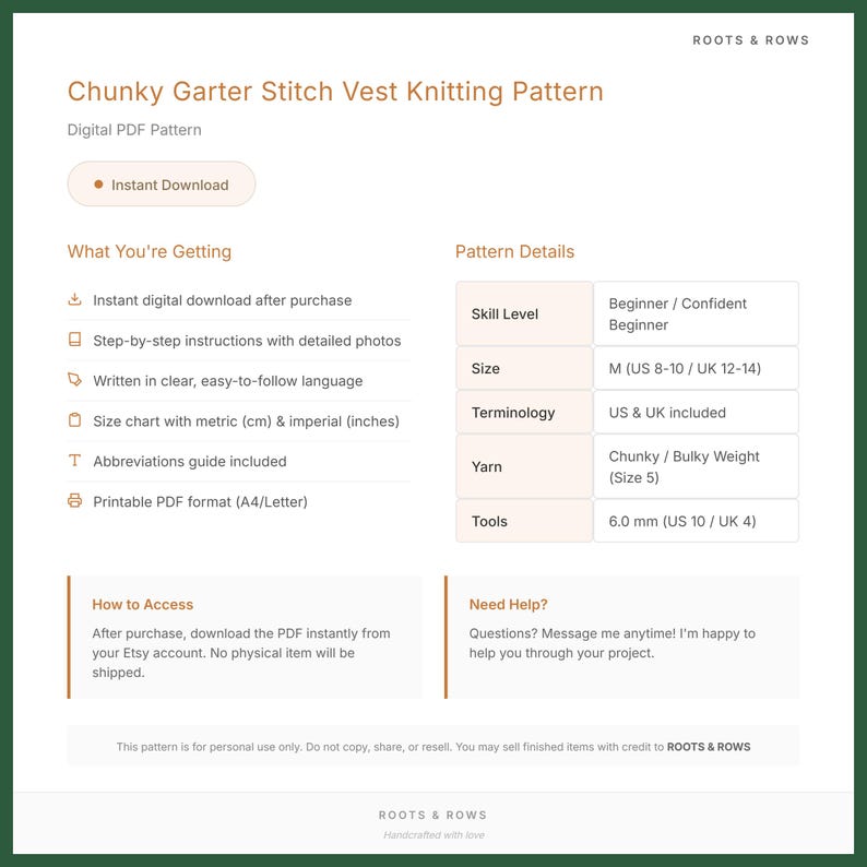 Chunky Vest Knitting Pattern, Easy Garter Stitch Waistcoat PDF ...