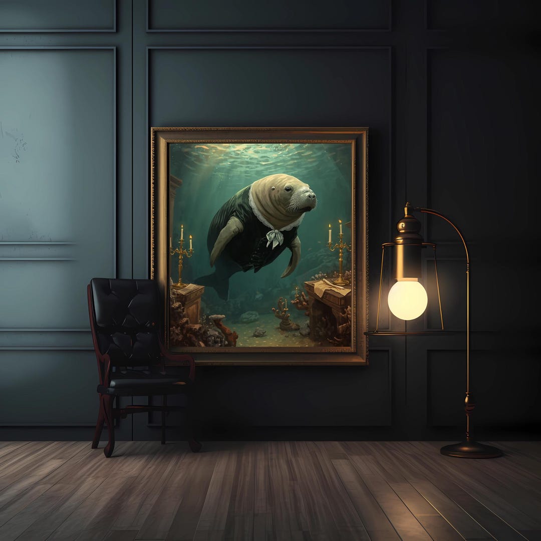 Victorian Manatee Librarian Underwater Portrait – Vintage Animal Wall ...