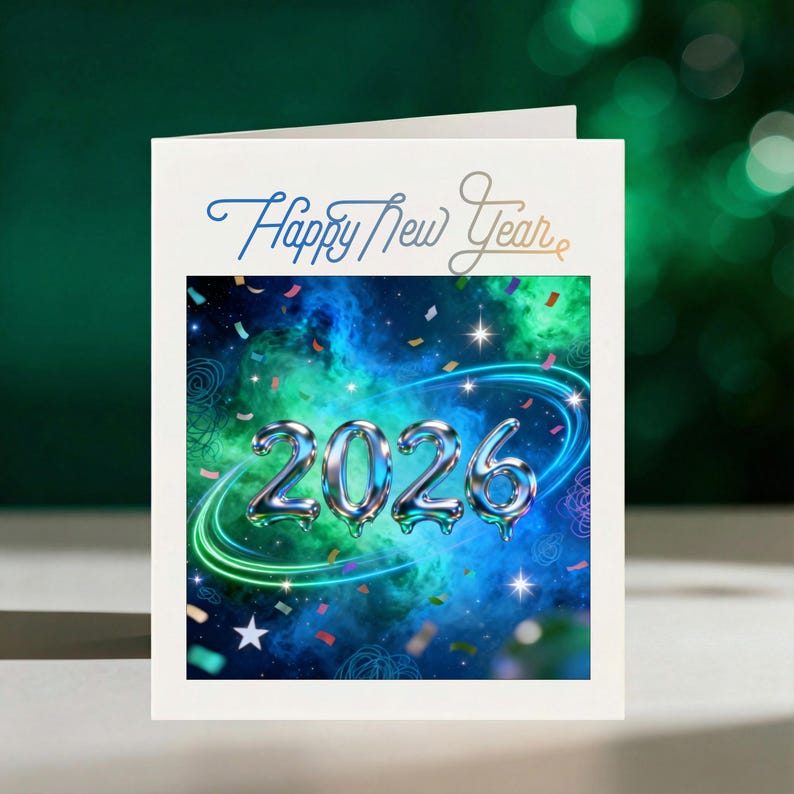 Galaxy Neon New Year Card 2026 | Cosmic Blue Green Space Theme ...