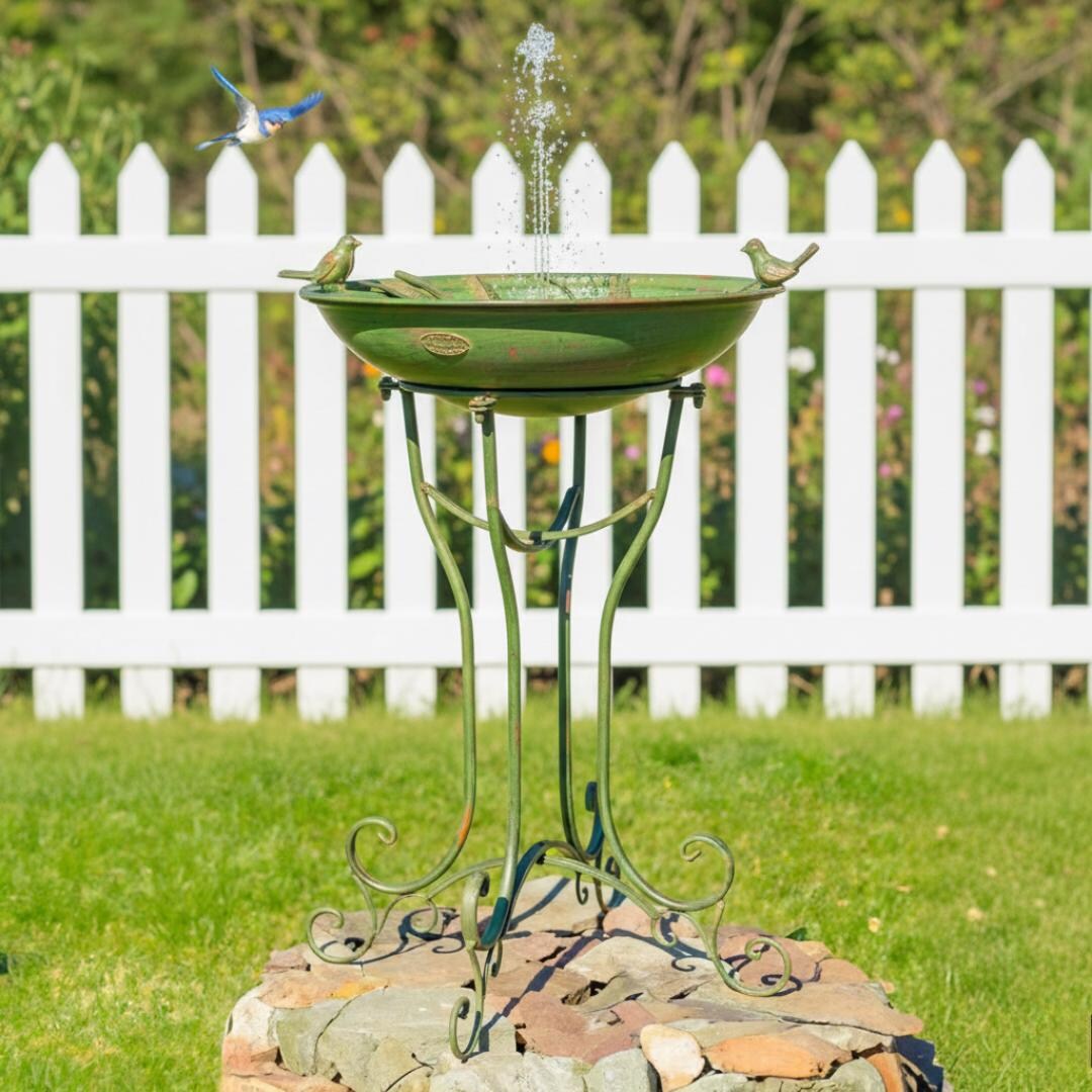 Decorative Metal Bird Bath With Dual Cast Iron Birds, Antique Green ...