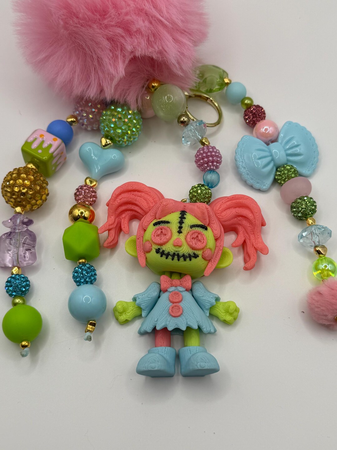 Creepy Cute Doll Keychain With Pink Pom Pom | Pastel Goth Beaded Bag ...