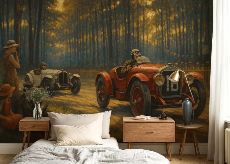 1920s Grand Prix Car Mural - Nostalgic Spectator Scene Wallpaper - Dark ...