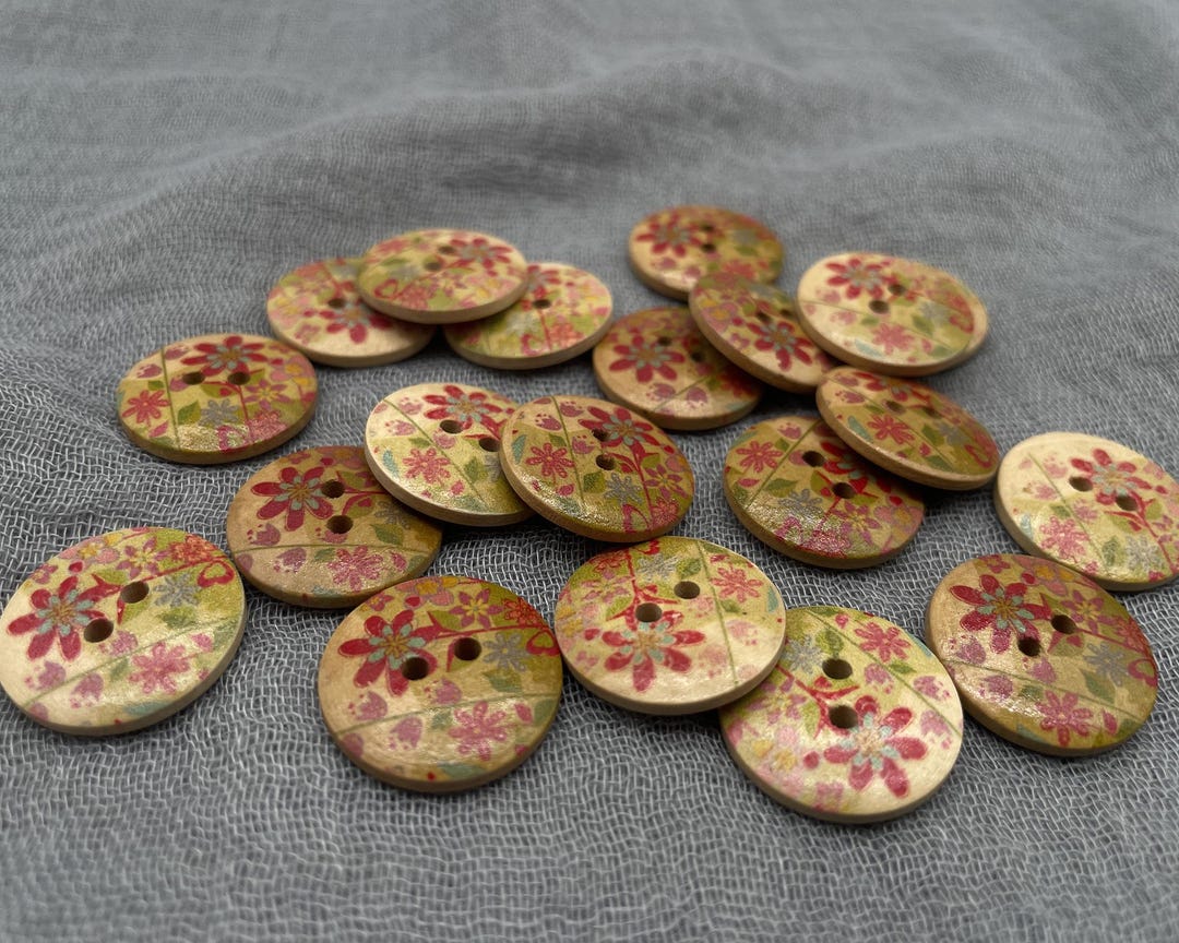 Painted Wooden Buttons 20mm, Round Wood Buttons 2 Hole, Floral Craft ...