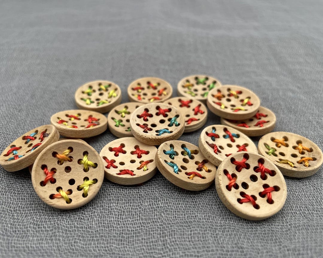 Threaded Wooden Buttons, Hand Sewn Wood Buttons With Color Stitching, 2 ...