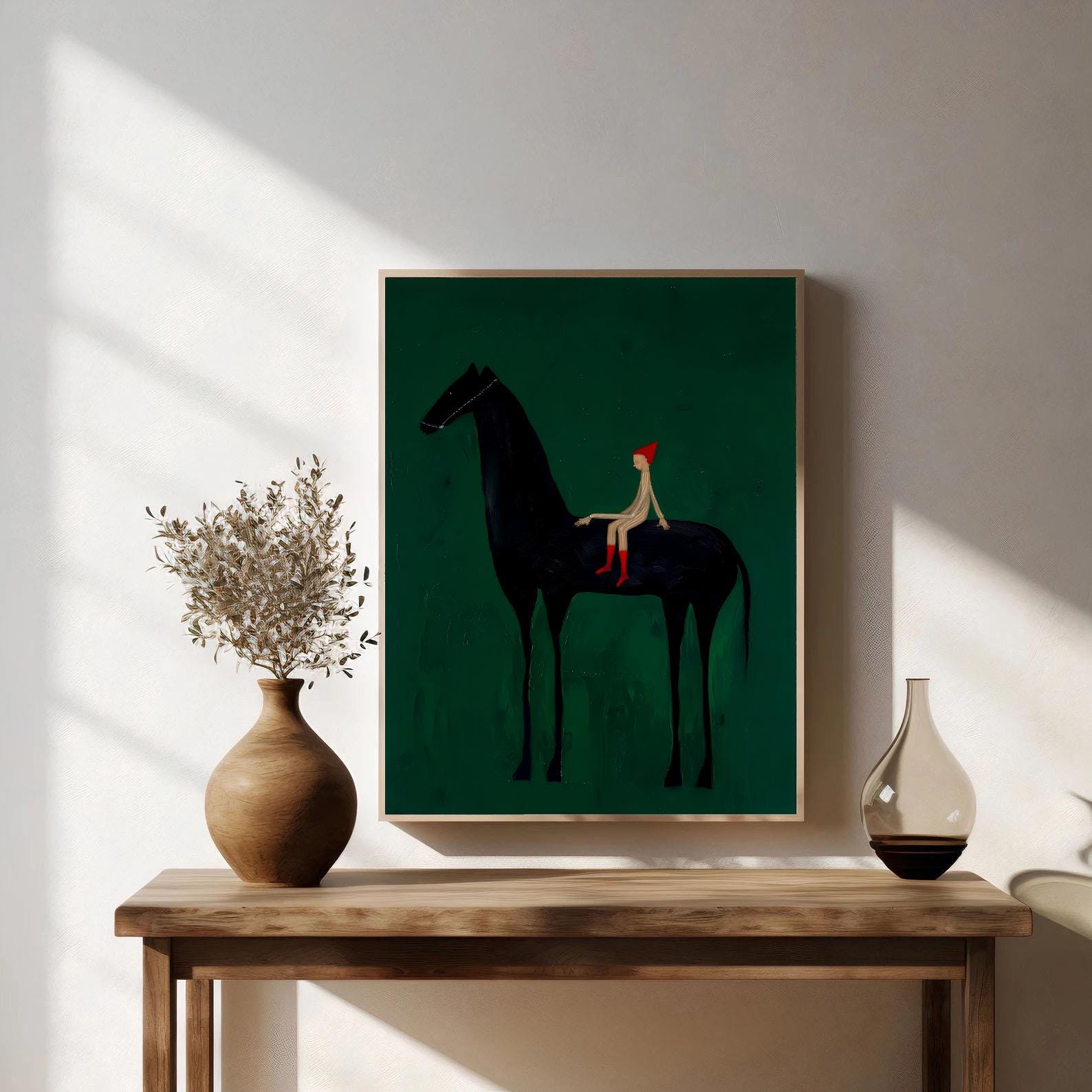 Surreal Black Horse Art With Red-hatted Figure Deep Green Background ...