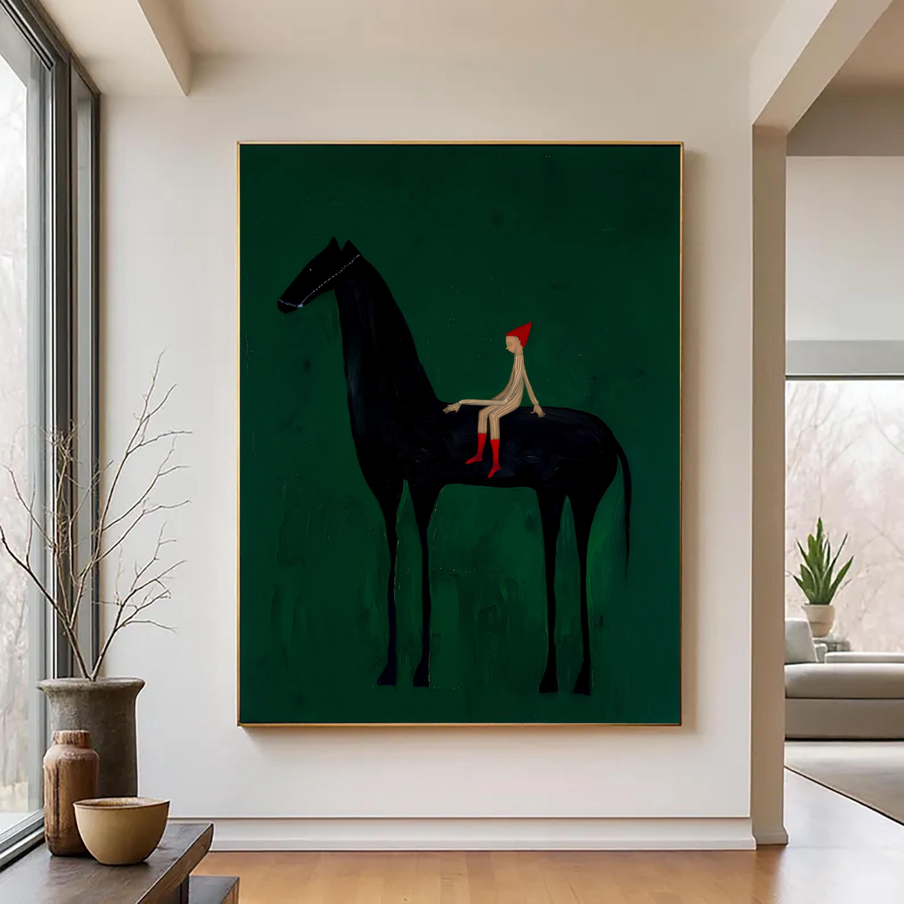 Surreal Black Horse Art With Red-hatted Figure Deep Green Background ...