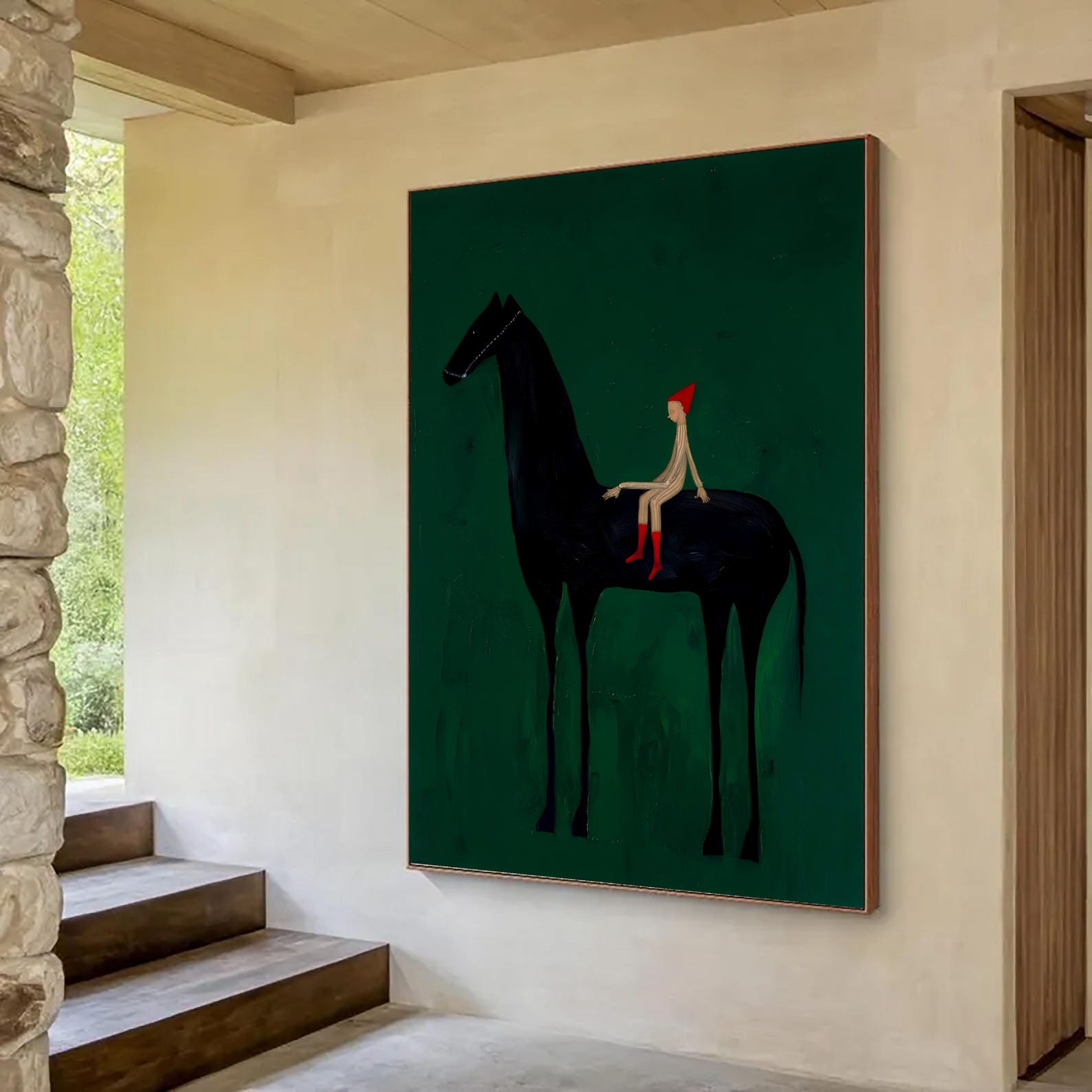 Surreal Black Horse Art With Red-hatted Figure Deep Green Background ...
