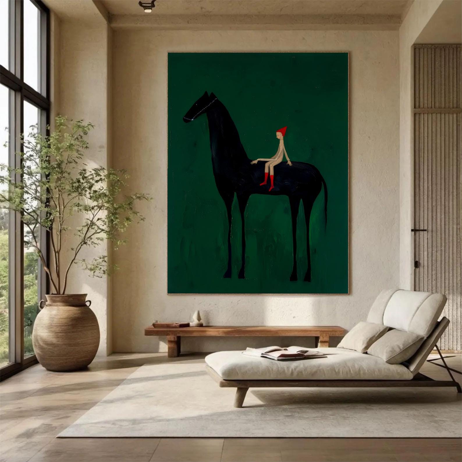 Surreal Black Horse Art With Red-hatted Figure Deep Green Background ...