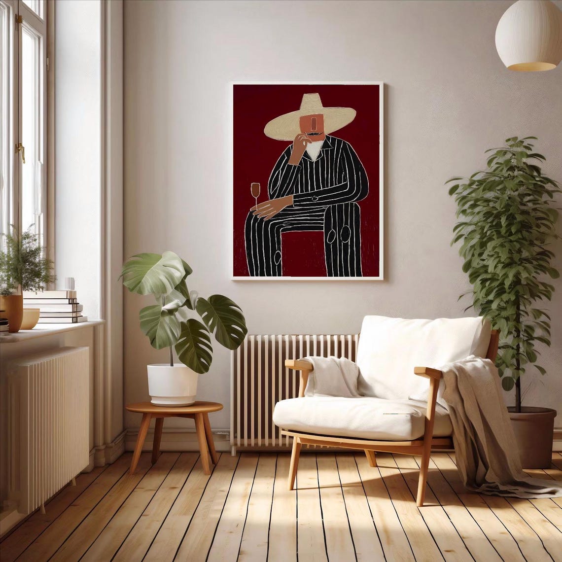 Retro Moody Man Art Wide Brim Hat & Wine Glass Deep Red Background Folk ...