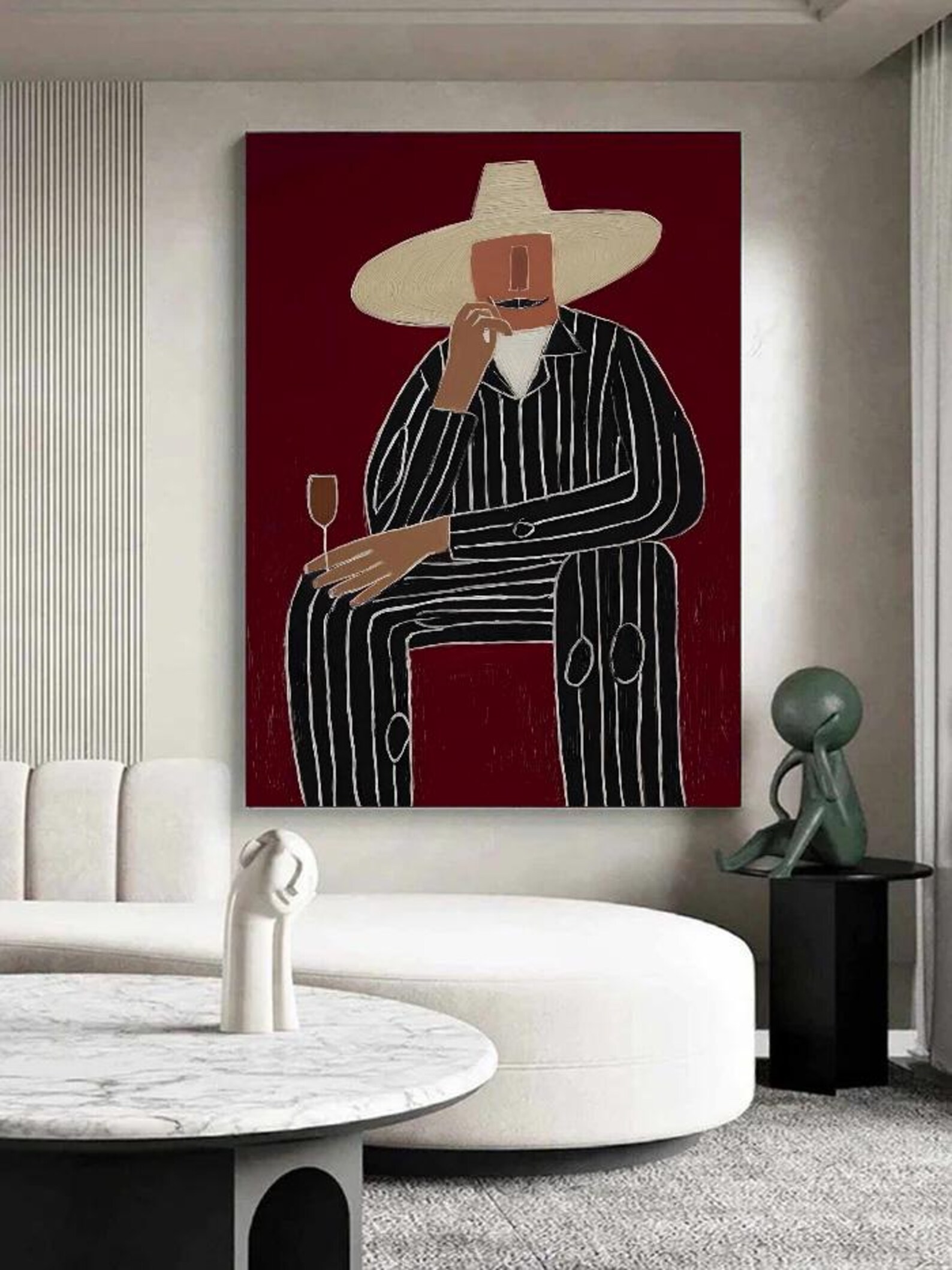 Retro Moody Man Art Wide Brim Hat & Wine Glass Deep Red Background Folk ...