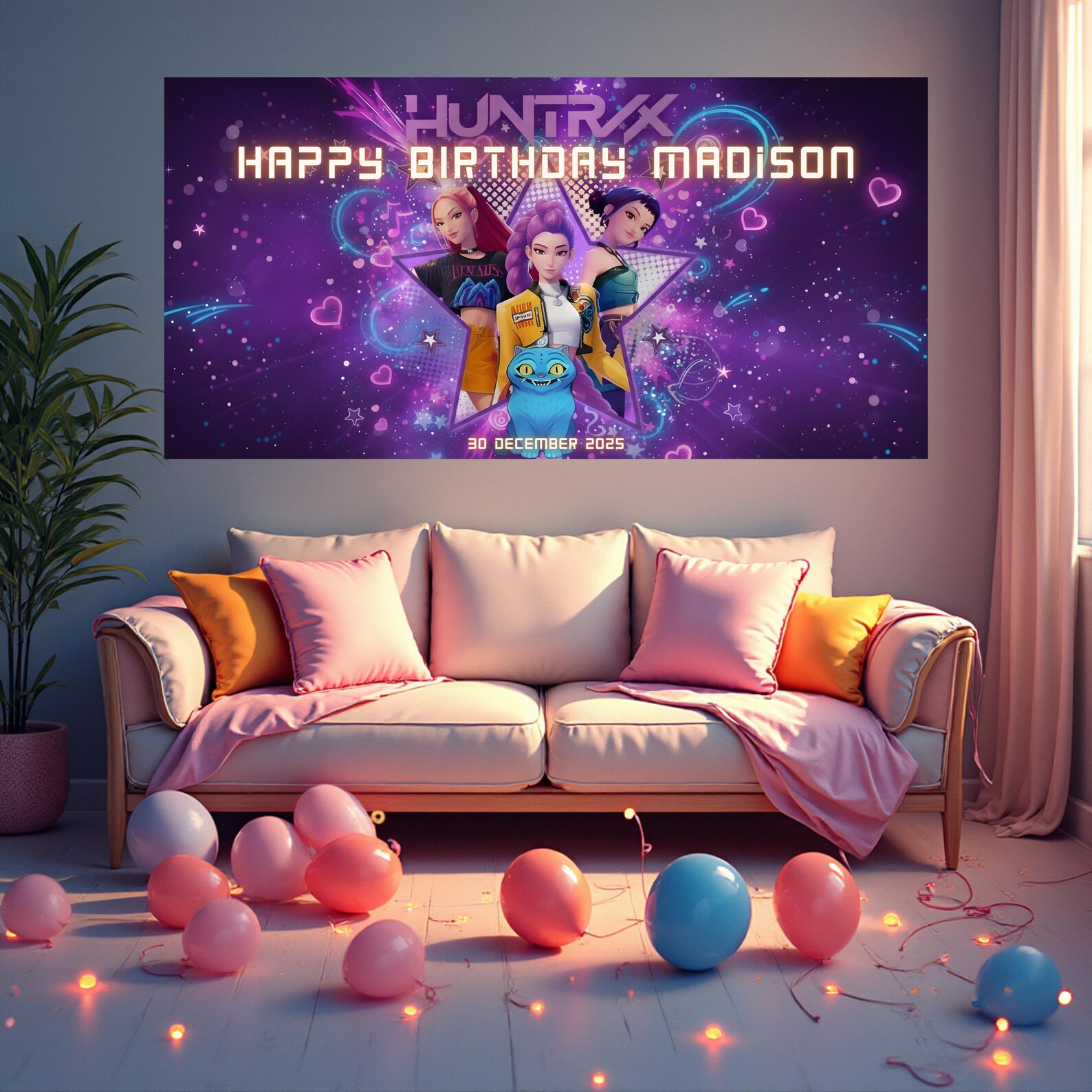 Kpop Demon Hunter Huntrix Birthday Banner, Editable Canva Kpop Anime ...