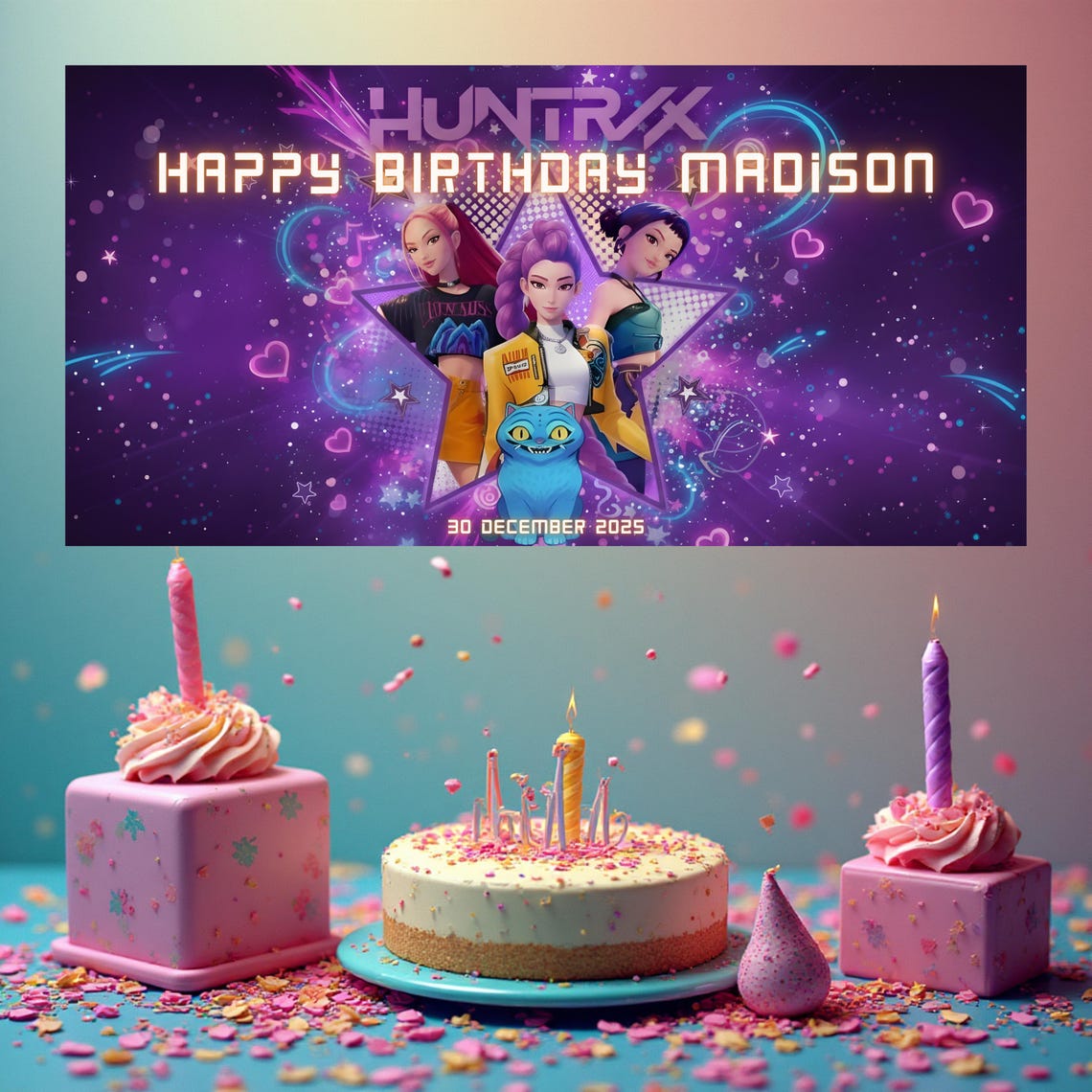 Kpop Demon Hunter Huntrix Birthday Banner, Editable Canva Kpop Anime ...