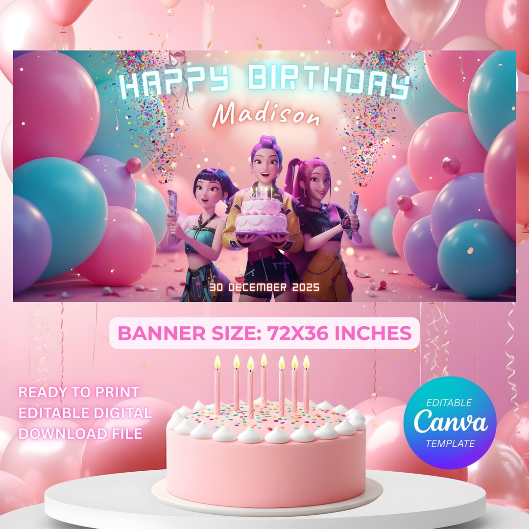 Kpop Demon Hunter Birthday Banner, Editable Canva Template (digital ...