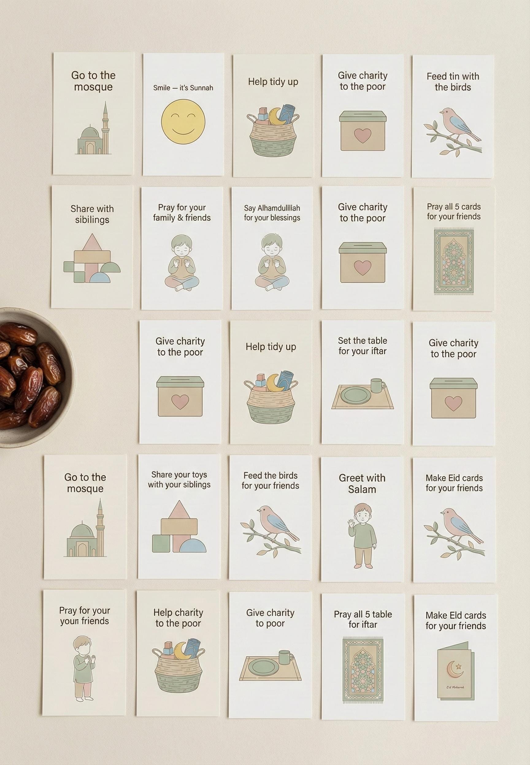 Ramadan Good Deeds Cards for Kids Printable | Minimal Islamic Activity ...