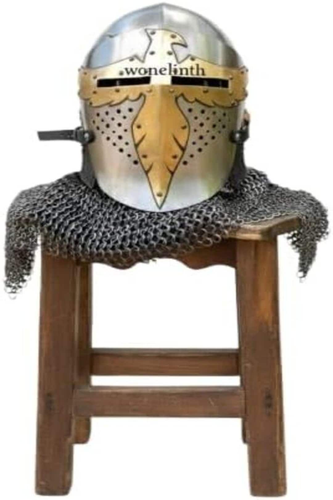 Medieval Handmade 18G Steel Knight Helmet With Brass Eagle Visor Iron ...