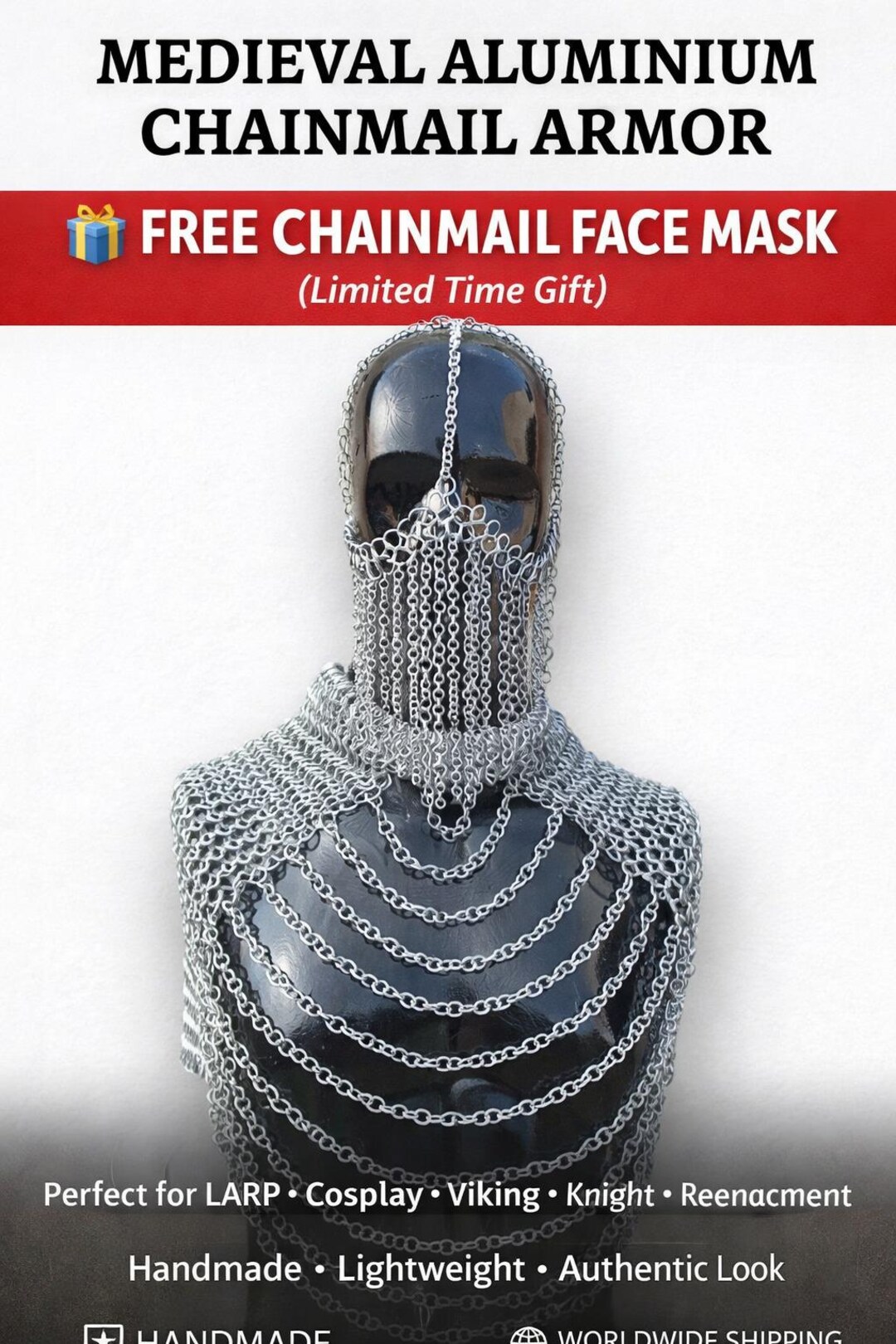 Medieval Aluminium Chainmail Shoulder Armor With FREE Face Mask LARP ...