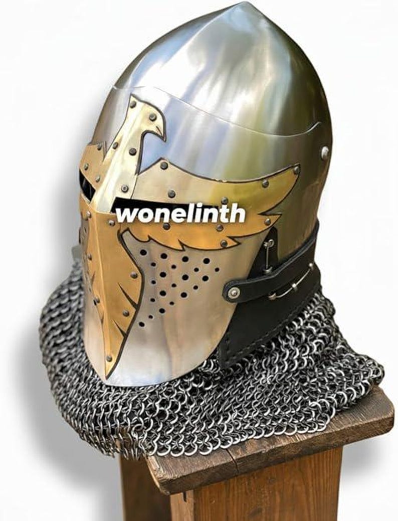 Medieval Handmade 18G Steel Knight Helmet With Brass Eagle Visor Iron ...