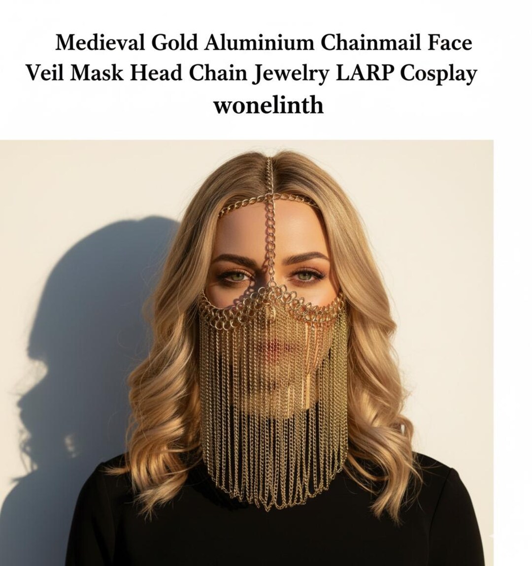 Medieval Gold Aluminium Chainmail Face Veil Mask Head Chain Jewelry ...