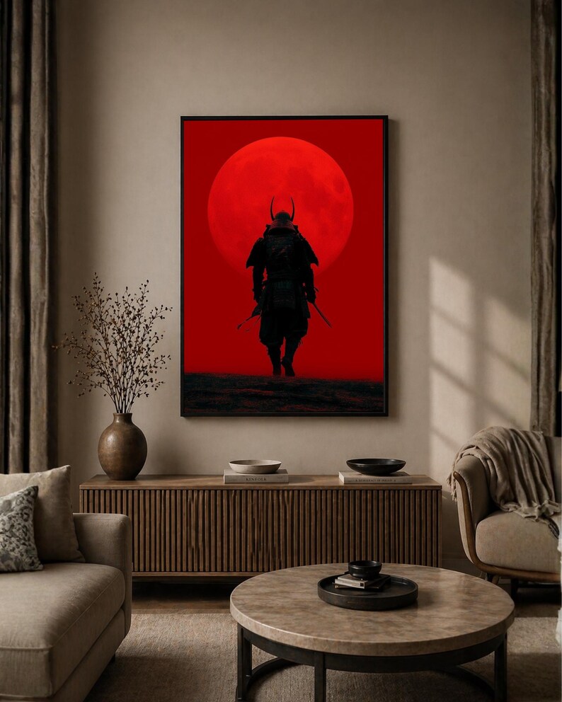 Blood Moon Samurai Poster, Japanese Warrior Wall Art, Red Moon Print ...