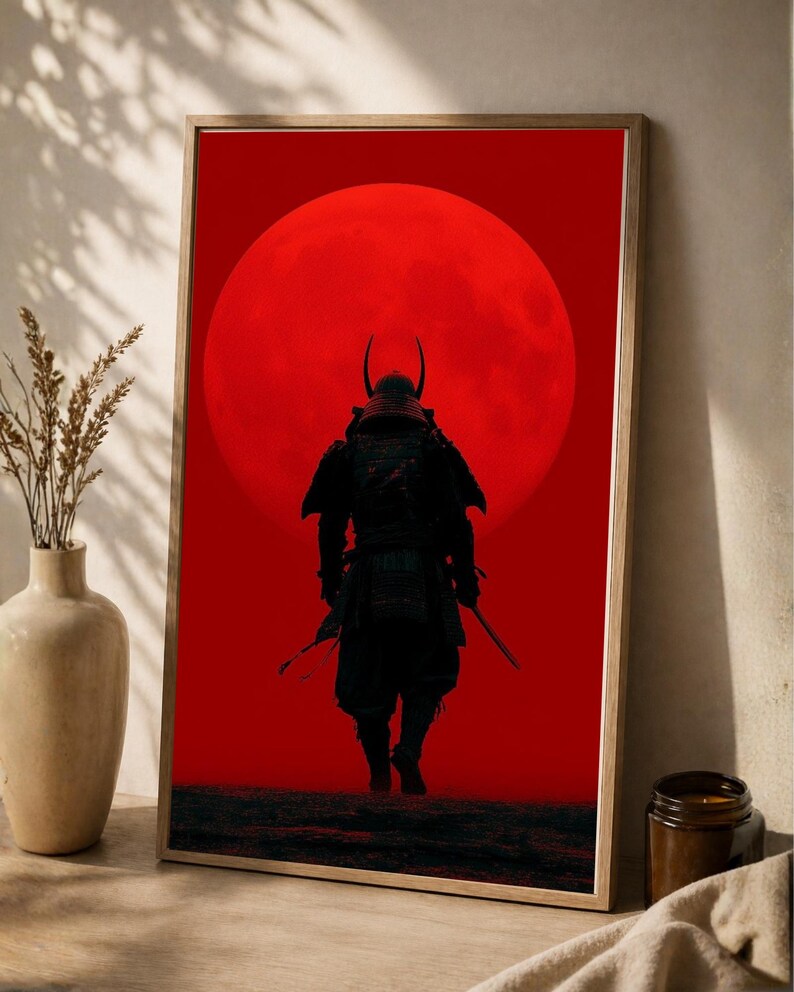 Blood Moon Samurai Poster, Japanese Warrior Wall Art, Red Moon Print ...