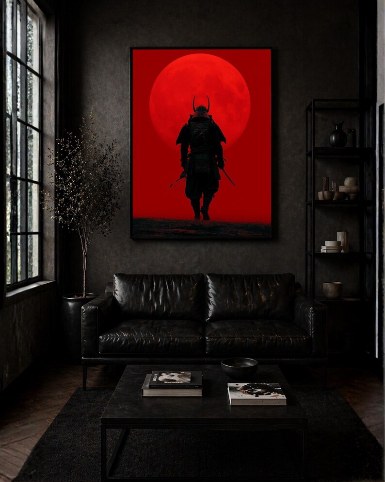 Blood Moon Samurai Poster, Japanese Warrior Wall Art, Red Moon Print ...