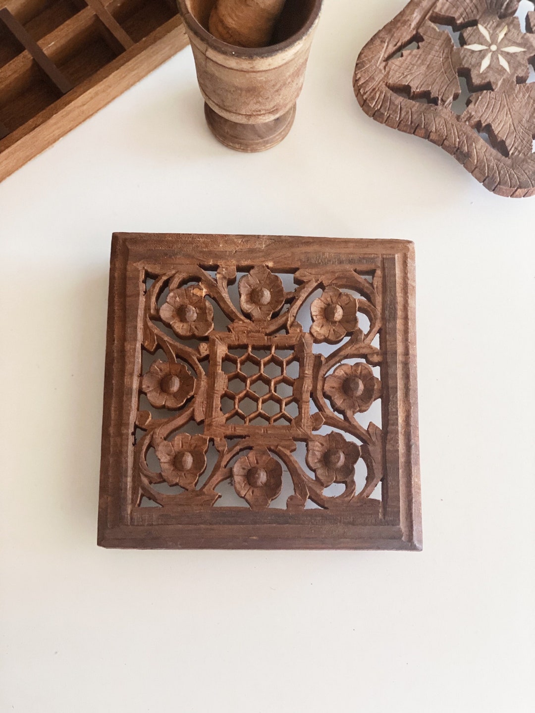 Vintage Carved Teak Wood Trivet With Honeycomb Center - Etsy