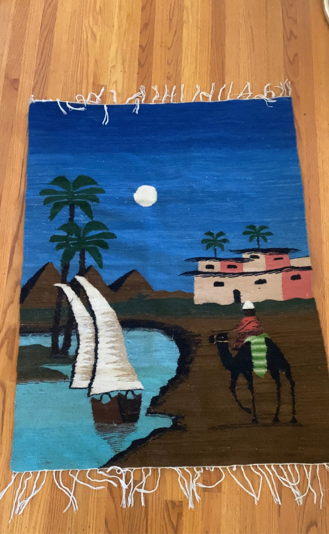 Large Blue Oasis Desert Camel Scene Woven Wool Wall Hanging Tapestry ...