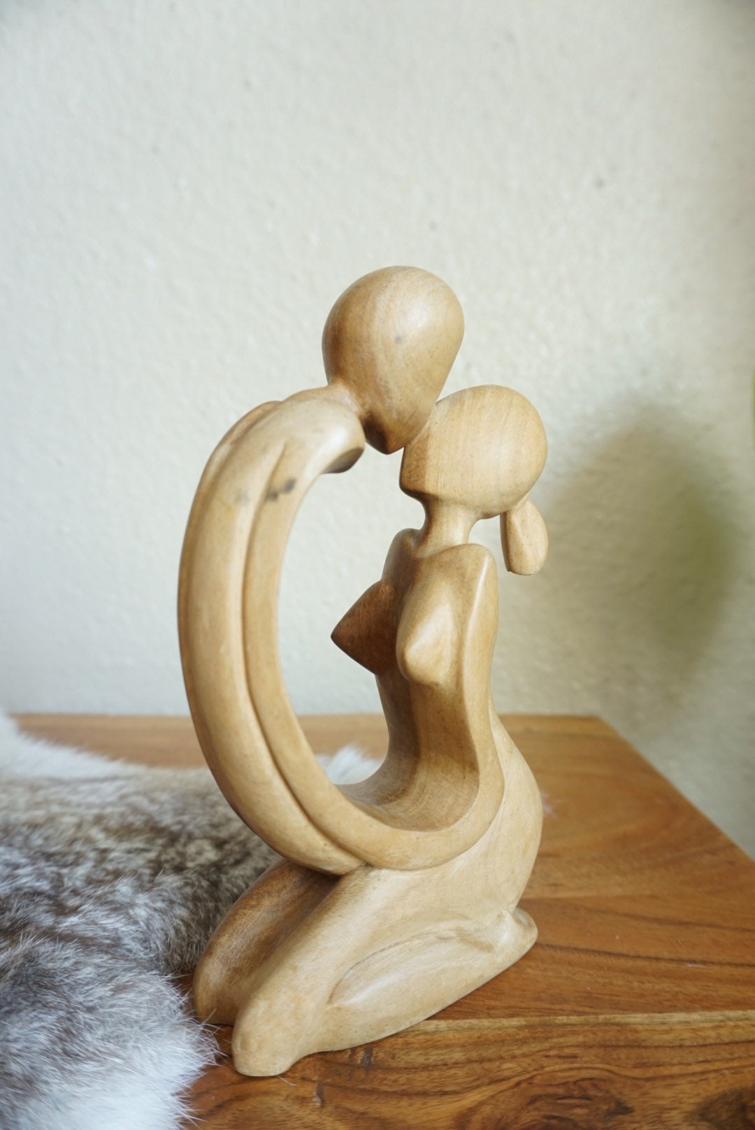Vintage Carved Wooden Kissing Couple Sculpture