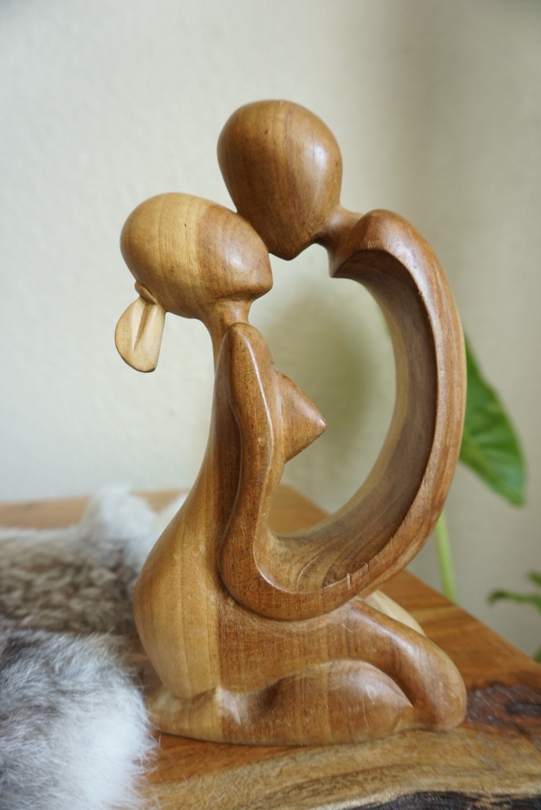 Vintage Carved Wooden Kissing Couple Sculpture