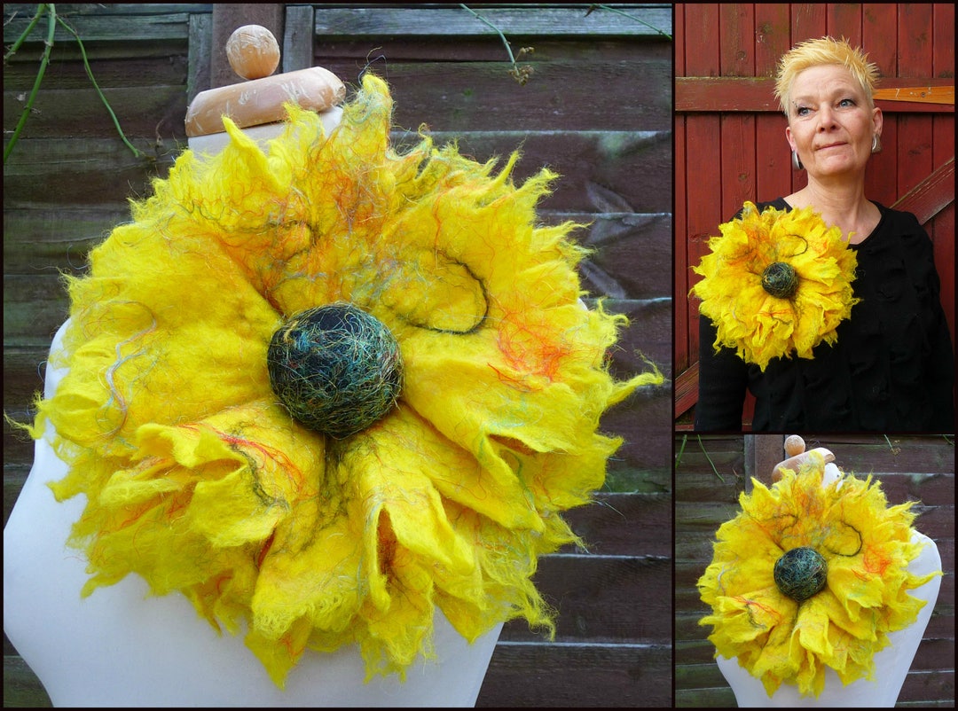 Yellow Felted Flower Brooch, Oversized Flower Brooch, Felted Flower ...
