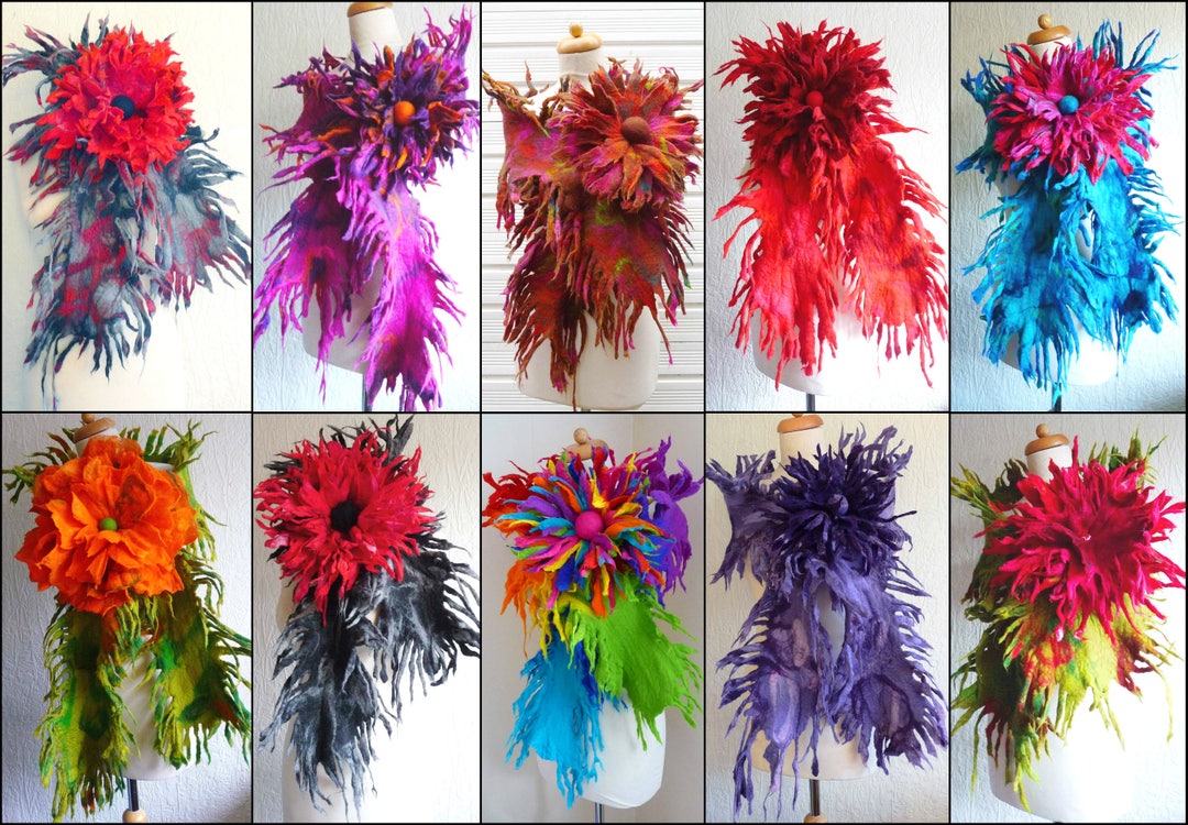 Felted Scarf , Felted Flower,handmade, Felt, Wrap, Spiky, Lagenlook ...