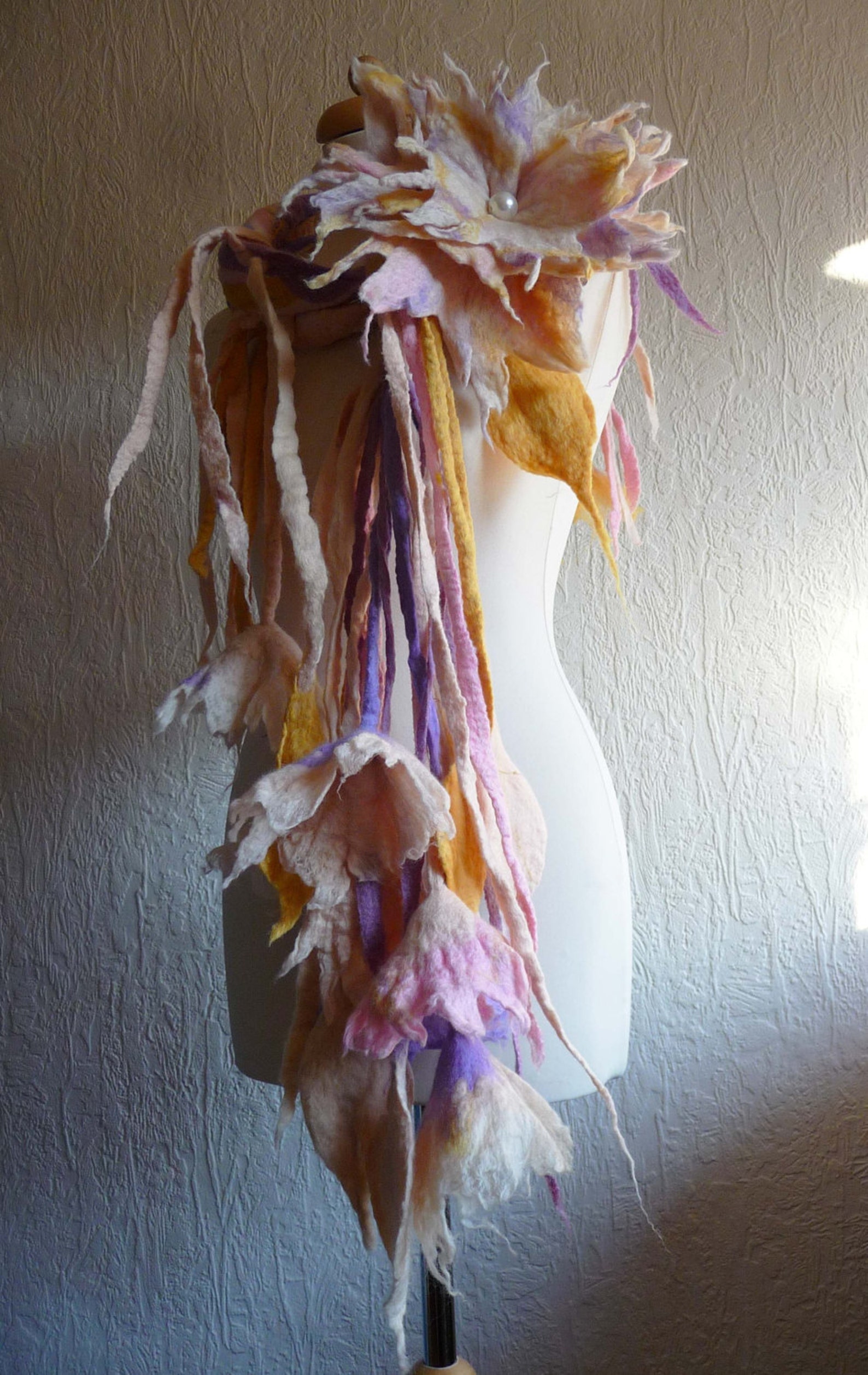 Felted Wool Flower Necklace Lariat Belt scarf Handmade - Etsy