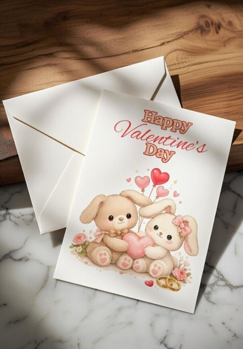 Bunny Valentine's Day Card | Romantic Message Card, 5x7 Inch (instant ...