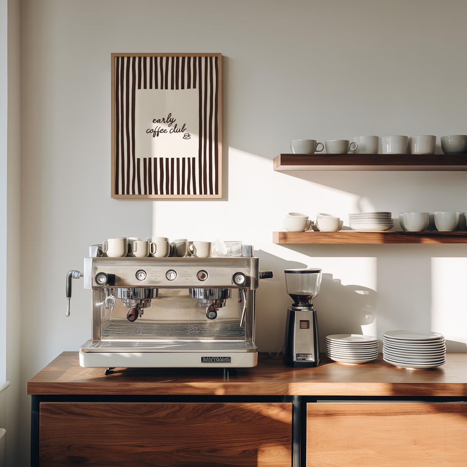 Early Coffee Club Print, Coffee Bar Decor, Brown Striped Wall Art ...