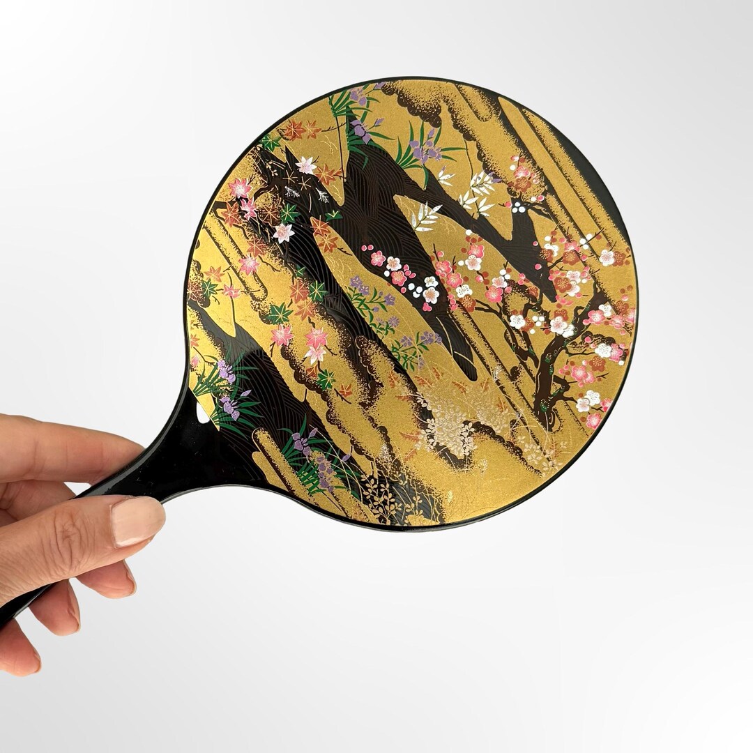Japanese Lacquer Hand Mirror, Vintage Gold Floral Design, Kimono Vanity ...