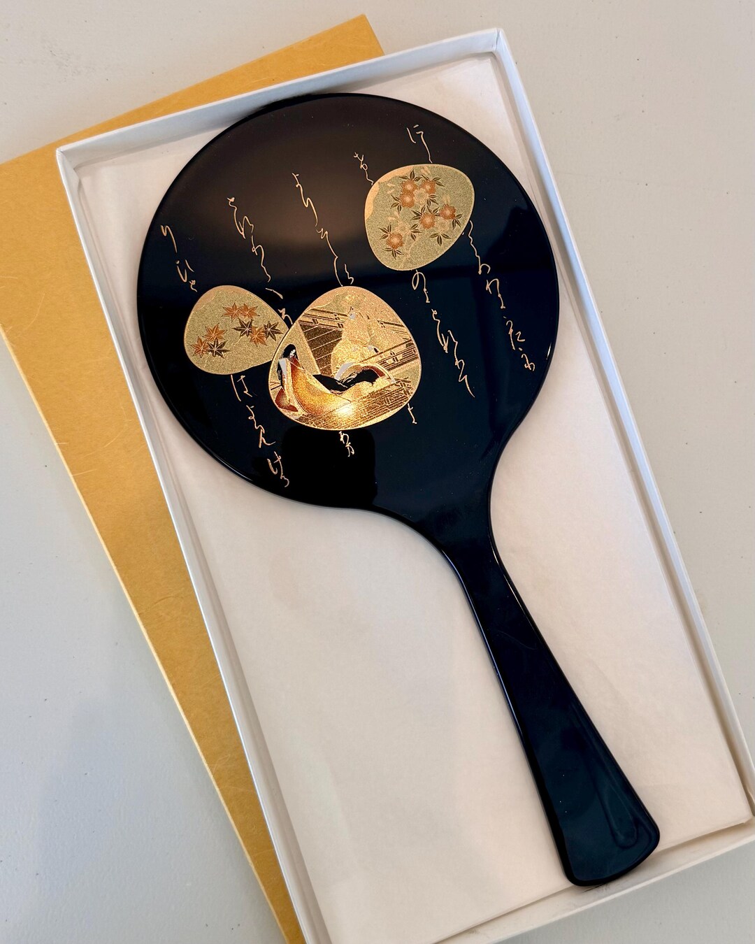 Japanese Lacquer Hand Mirror - Black & Gold Maki-e, Unique Japanese ...