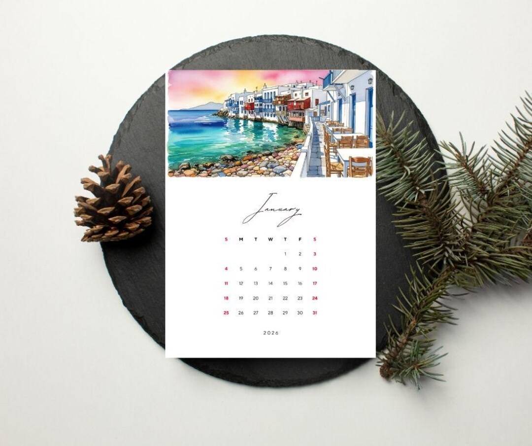 A Year in Greek Islands – Watercolor, 2026 Calendar Printable, A6 Mini ...